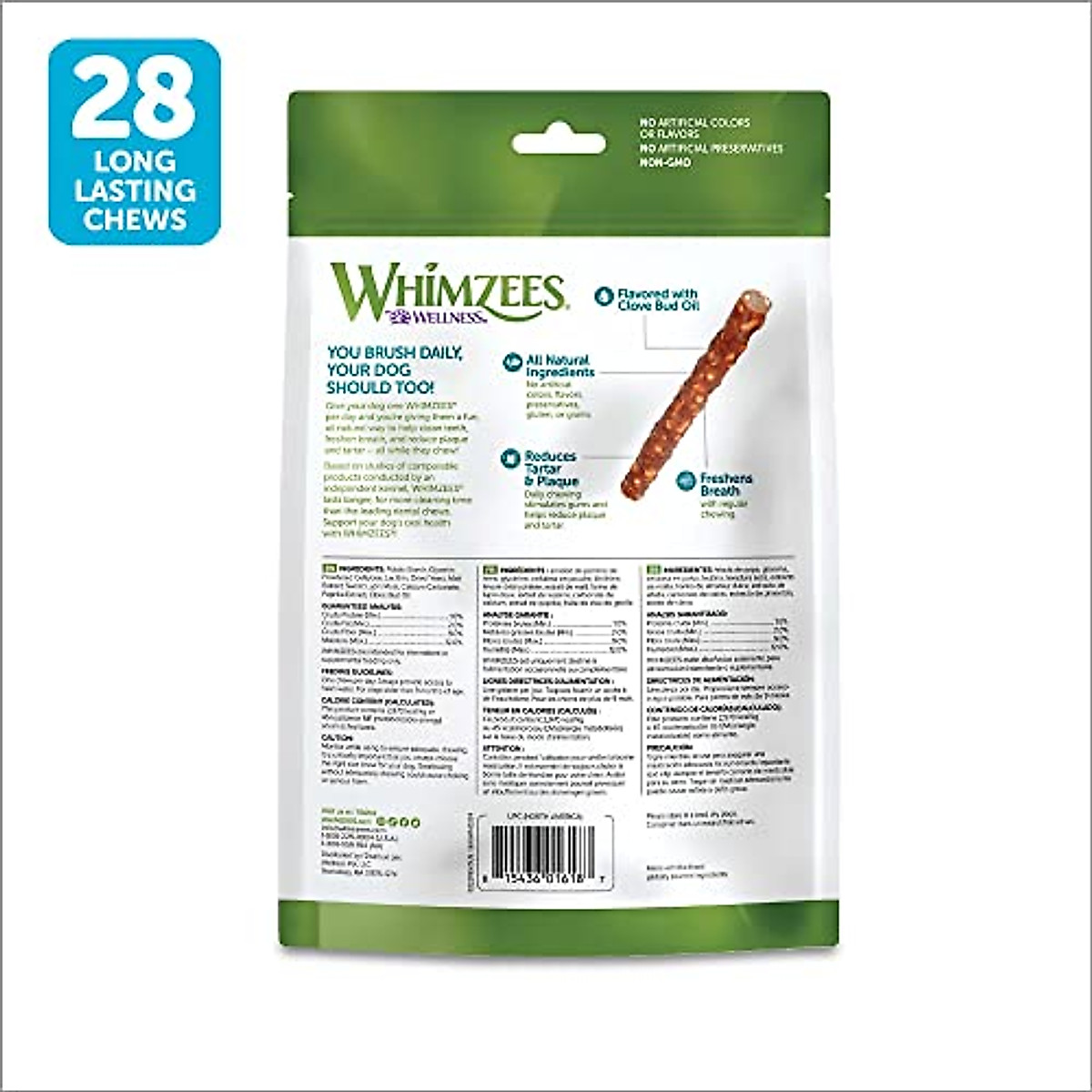 WHIMZEES Natural Grain Free Daily Dental Long Lasting Dog Treats, Veggie Sausage, Small, Bag of 28