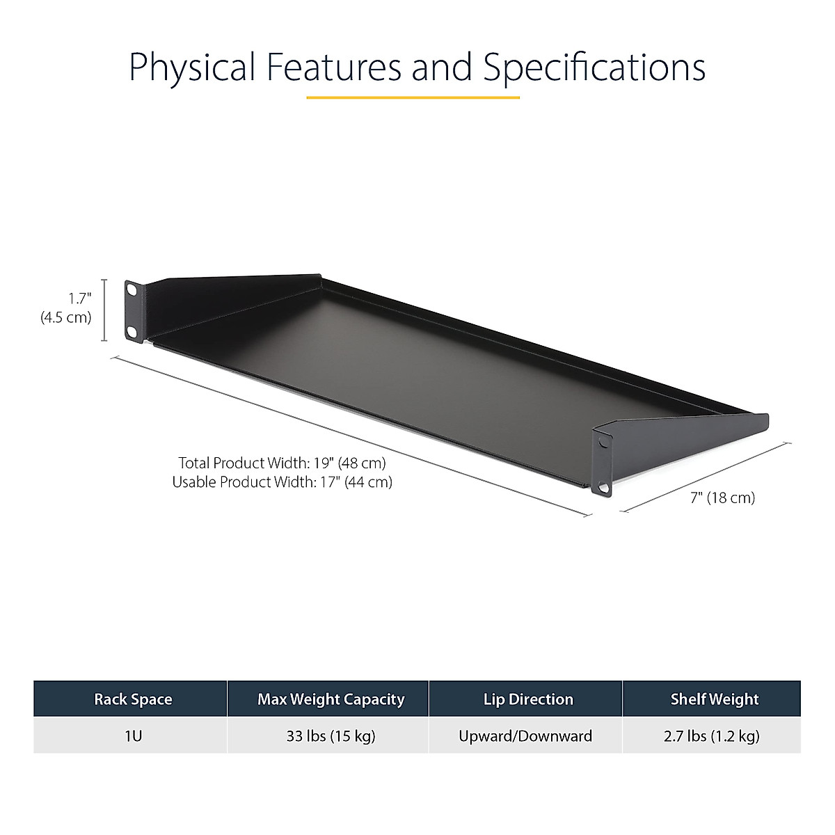 StarTech.com 1U Server Rack Shelf - Universal Rack Mount Cantilever Shelf for 19" Network Equipment Rack & Cabinet - Heavy Duty Steel – Weight Capacity 33lb/15kg - 7" Deep Tray, Black, TAA