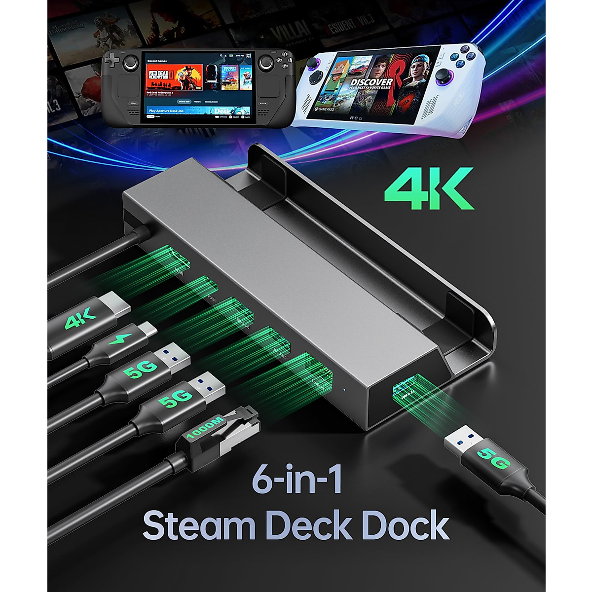 Steam Deck Dock 4K 60Hz, 6-in-1 Docking Station Compatible with Lenovo Legion Go, Steam Deck OLED, ASUS ROG Alloy, Steam Deck Accessories with 3 USB-A 3.0, 100W PD, 1000M RJ45, Aluminum Alloy Shell
