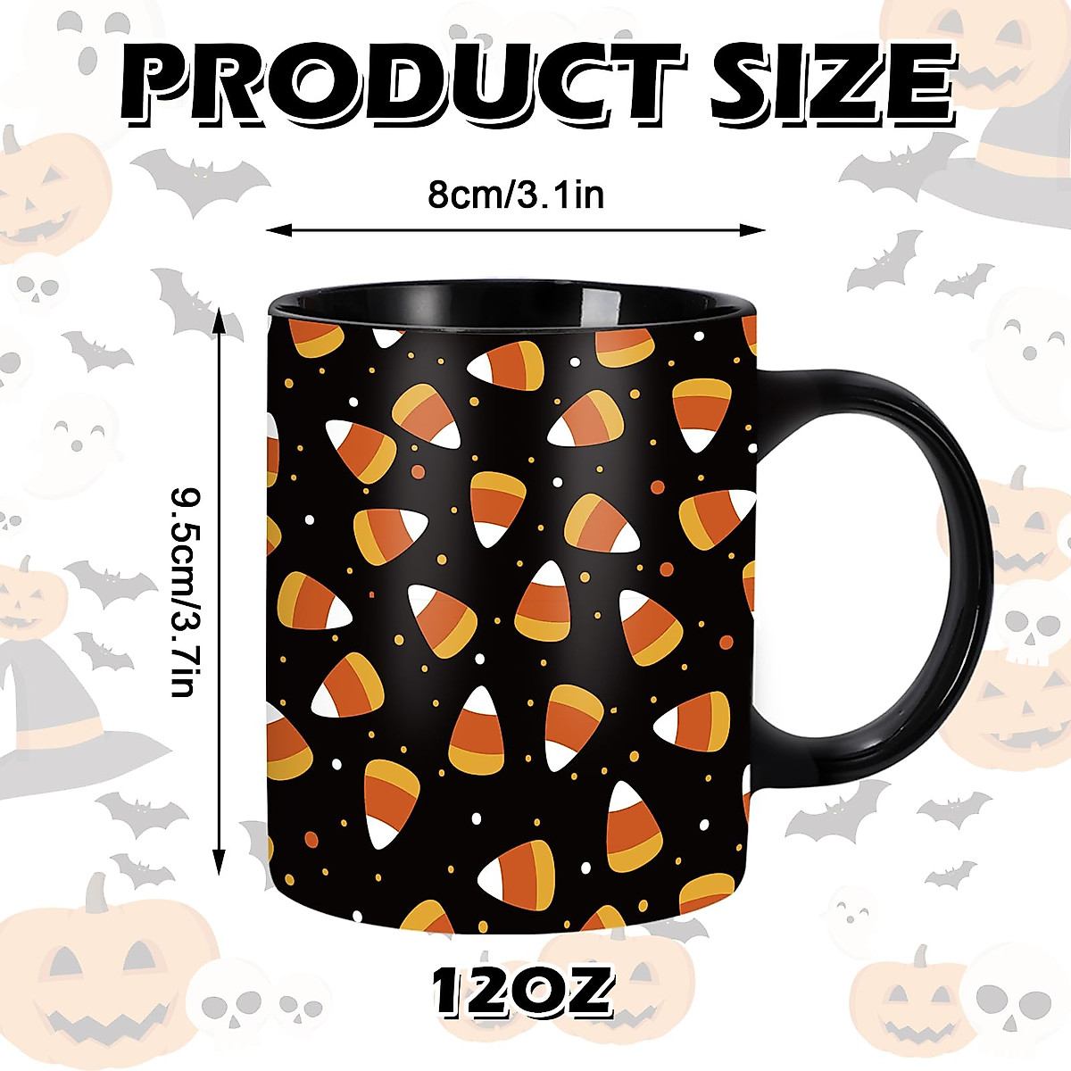 Whaline Halloween Mug 12oz Candy Corn Coffee Mug Candy Corn Black Ceramic Drinking Mugs Halloween Party Cups for Home School Office Table Centerpieces Housewarming Gift