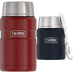 THERMOS Stainless King Vacuum-Insulated Food Jars with Spoon, 24 Ounce, Rustic Red and 16 Ounce, Midnight Blue