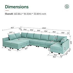 HONBAY Convertible U Shaped Modular Sofa Sectional Modular Couch with Chaise Oversized Sofa Sleeper Couch for Large Living Room,Aqua Blue