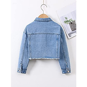 Verdusa Girl's Raw Hem Long Sleeve Single Breasted Crop Denim Jacket Outerwear Light Blue 9Y