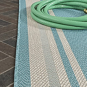 JONATHAN Y SMB201B-5 James Modern Border Stripe Indoor Outdoor Farmhouse Transitional Area Rug,High Traffic,Kitchen,Living Room,Backyard,Non Shedding,5 X 8,Aqua/Beige