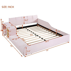 Velvet Upholstered Grounded Bed Platform Bed, Wooden Queen Size Mother & Child Bed Frame with Bedside Desk and Little Round Stool, Kids Adults Bedroom Furniture Floor Bed Platform Bed (Pink Bed)