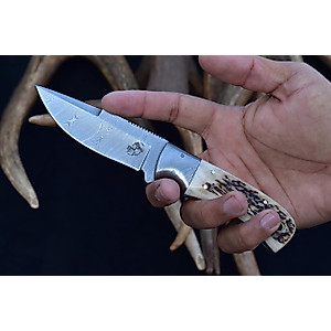 Knives Ranch Handmade All-Rounder Damascus Steel 7-1/2" Knife with Red Stag Antler Handle and Heavy-Duty Cow Leather Horizontal Carrying Cowboy Style Sheath (2142-SG)