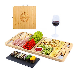 Large Bamboo Charcuterie Boards,Folding Cheese Board and Knife Set,Cheese Board Set Containing a Slate Cheese Board,Unique House Warming New Home, Birthday Wedding Gift