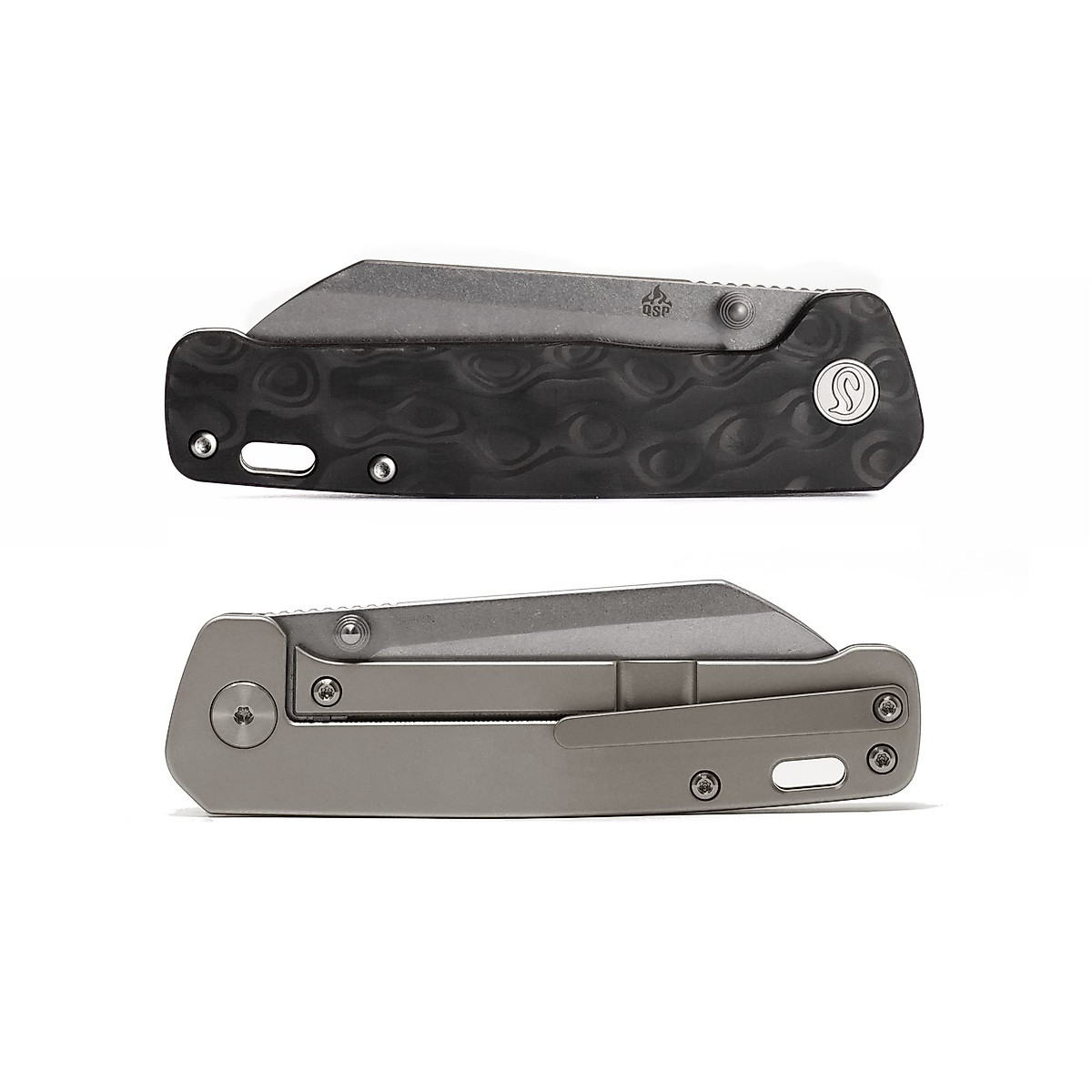 QSP Penguin Titanium Framelock EDC Pocket Knife, Marbled Carbon Fiber Handle, S35VN Steel, Kaviso Exclusive (Stonewashed)