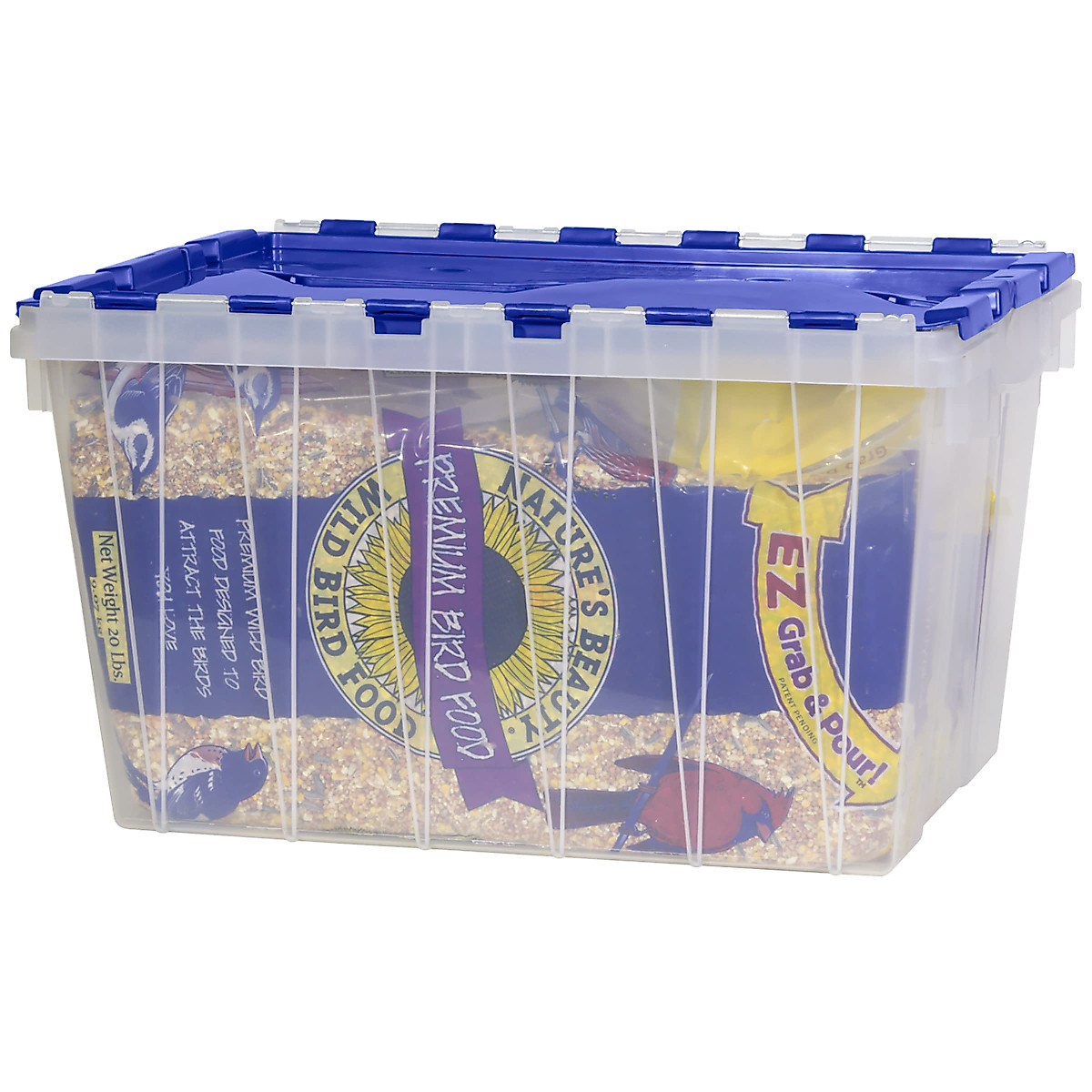 Akro-Mils 66486 12-Gallon Plastic Stackable Storage Keepbox Tote Container with Attached Hinged Lid, 21-1/2-Inch x 15-Inch x 12-1/2-Inch, Clear/Blue