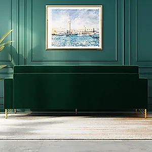 STORFENBOR Green 85'' Velvet Sofa, Mid-Century Modern 3-Seat Couch with 2 Pillows & Gold Legs for Living Room Apartment Large Space