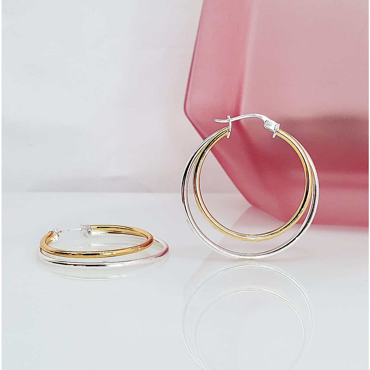 Sterling Silver Two-Tone Double Circle Round-Tube Polished Hoop Earrings, 30mm