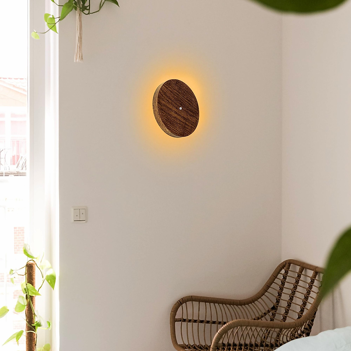 SKIVTGLAMP Nature Wood Wall Sconce Rechargeable Battery Operated LED PIP Motion IR Sensor Wall Lamp, No Drilling Cordless Farmhouse Wall Mounted for Rustic House Number Customizable Circular Walnut