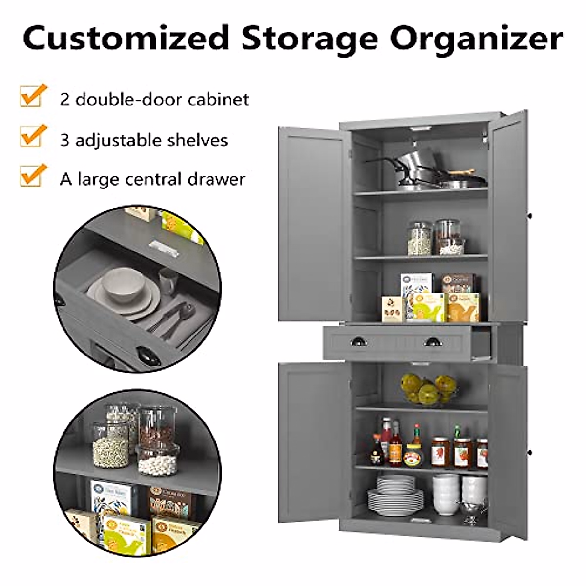 Yusong 72'' Tall Kitchen Pantry Cabinet, Farmhouse Storage Cabinet with 4 Doors, Drawer and Adjustable Shelf, Freestanding Wooden Cupboard Buffet for Dining Room Living Room, Grey