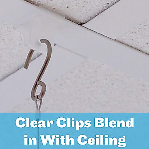 Clear Grid Clips - 150 Pc Set Ceiling Hook Kit (75 Clips, 75 Hooks) by Sharp Tank - Perfect for Hanging Classroom Decorations, Signs, Decore from Drop Ceiling T-Bar