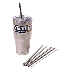 4 WIDE Stainless Steel Straws + Straw hole LID Extra LONG fits 30 oz Yeti Tumbler Rambler Cups - CocoStraw Brand Drinking Straw (4 WIDE straws + Straw Lid)