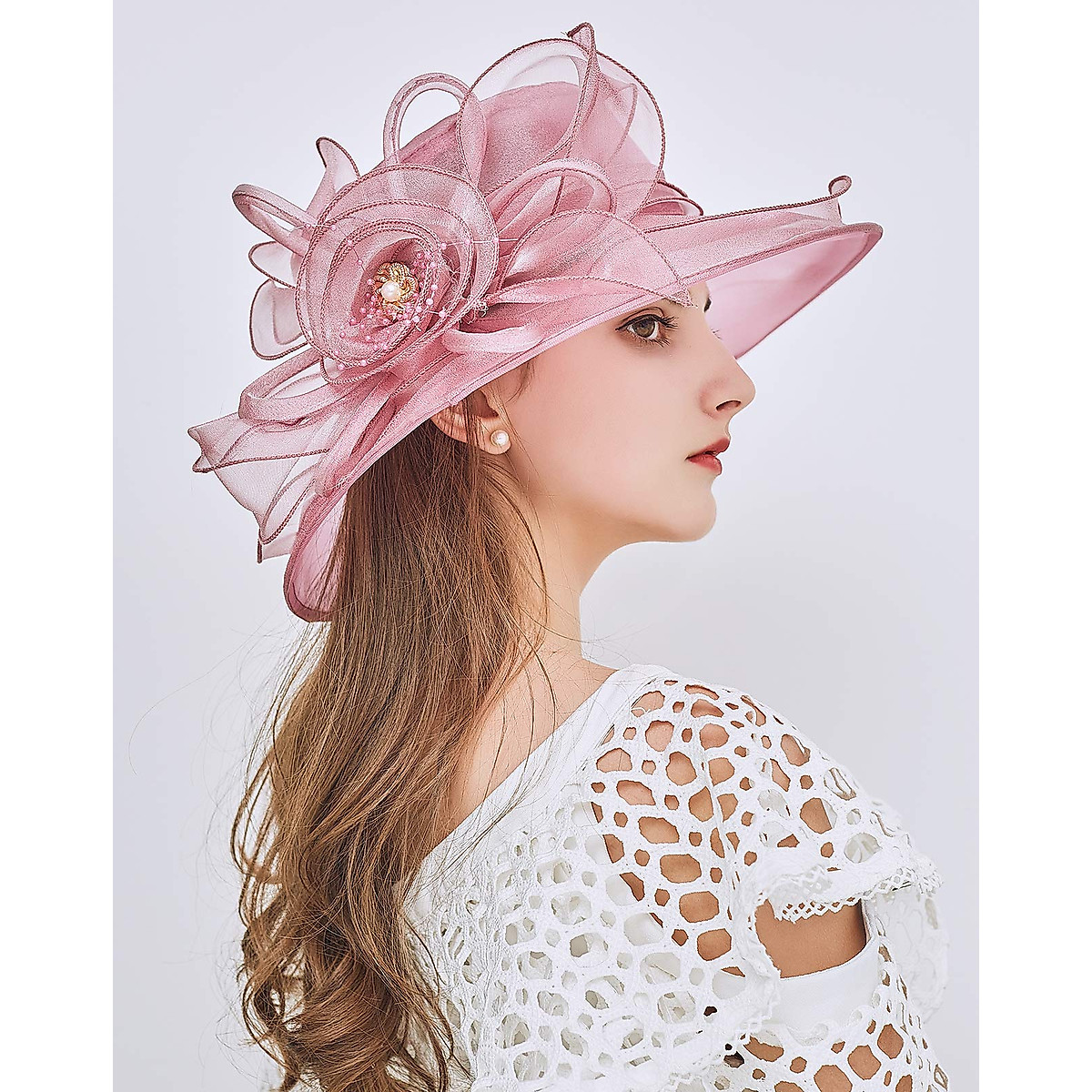 ELLYDOOR Women Kentucky Derby Fascinator Hat Organza Church Wedding Hat Wide Brim Cocktail Tea Party Hat Pink
