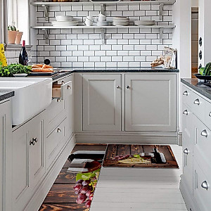 Kitchen Rug Set 2 Piece, Wine Kitchen Floor Mats Waterproof & Non-Slip PVC Leather Anti Fatigue Comfort Standing Mat Washable Kitchen Rugs Runner, Red Wine Grape Cheese Brown Vintage Wood Grain