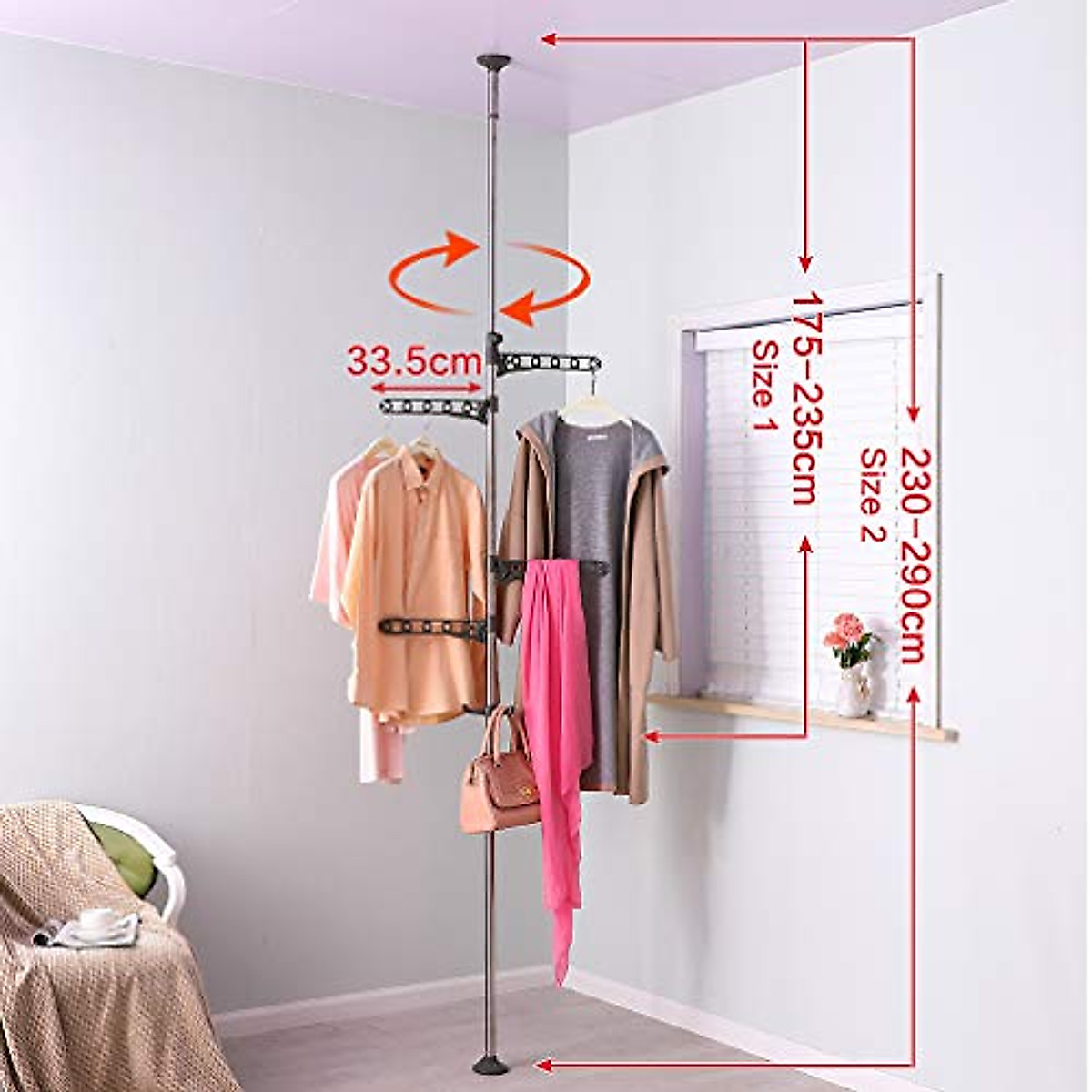 Hershii Adjustable Laundry Pole Stainless steel composite pipe / ABS / PP Clothes Drying Rack Coat Hanger DIY Floor to Ceiling Tension Rod Storage Organizer for Indoor, Balcony - Grey