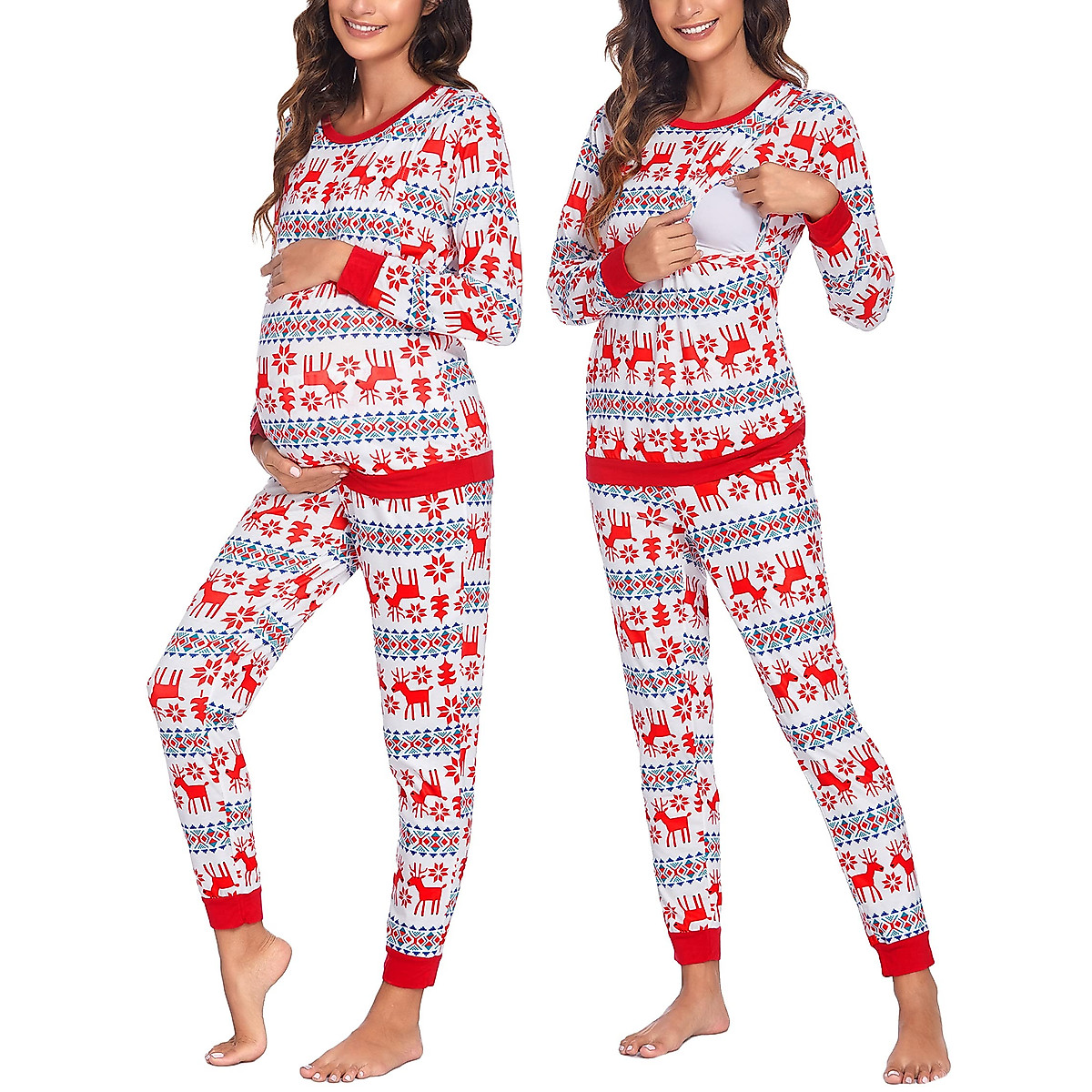 Ekouaer Christmas Pregnancy Pajamas Red Elk Pjs Long Sleeve Nursing Sleepwear for Hospital Christmas Stripe L