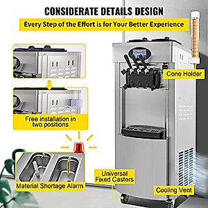 VEVOR 2200W Commercial Soft Ice Cream Machine 3 Flavors 5.3 to 7.4Gallon per Hour PreCooling at Night Auto Clean LCD Panel for Restaurants Snack Bar, Sliver