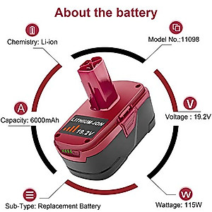 C3 19.2V 6000mAh Lithium Battery Replacement for Craftsman C3 XCP 11375 130279005 1323903 130211004 11045 315.115410 315.11485 Cordless Power Tools (2 Packs)