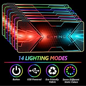 RGB Gaming Mouse Pad, DINKY Large Extended Soft Led Mouse Pad with 14 Lighting Modes, Water Resist Keyboard Pad, Computer Keyboard Mousepads Mat 35.4×15.8 inches-Cool Gaming