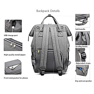 Starte Baby Diaper Bag Backpack with USB Charging Port &Stroller Hooks Travel Back Pack,Light Grey