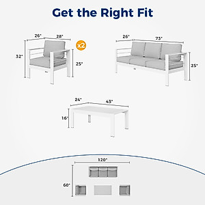 Wisteria Lane Aluminum Outdoor Patio Furniture Set, Modern Patio Conversation Sets, Outdoor Sectional Metal Sofa with 5 Inch Cushion and Coffee Table for Balcony, Garden, Light Grey