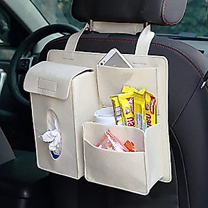 Yonput 1 PC Car Seat Back Organizer Large Capacity Felt Car Storage Bag Durable Multi Function Universal Hanging Car Seat Organizer for Kids and Adults (White)