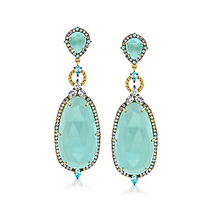Ross-Simons Aqua Chalcedony and 2.60 ct. t.w. Blue and White Topaz Drop Earrings in 18kt Gold Over Sterling