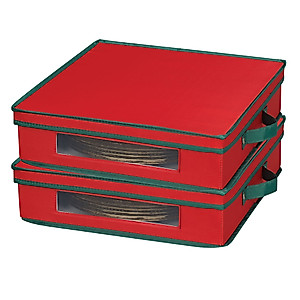 Household Essentials Holiday China Storage Chest with Lid and Handles | Charger Plates and Platters | Red Canvas with Green Trim