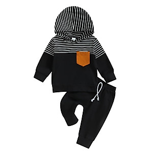 Douhoow Infant Fall Baby Outfit Baby Boy Hoodies Hoody Sweatshirt Drawstring Pants Baby Boy Clothes Set (Black stripes, 6-12 Months)