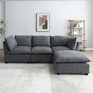 GNIXUU Cloud Modular Sectional Sofa, Convertible Large L-Shape Feather Filled Comfort Sectional Sofa with Ottoman, Linen Deep 4 Seat Couches for Living Room. Washable Cover, Gray