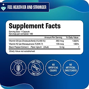 Vitamin D3 K2 - Vitamin K2, Vitamin D K2 D3 Vitamin Supplement, K2 Vitamin, Vitamin D with K2, Vitamin D3 with K2, Vitamin D3 and K2, Vitamin K2 D3 - Vitamin D3 + K2 (1 pack, 6-month supply, 10400 IU)