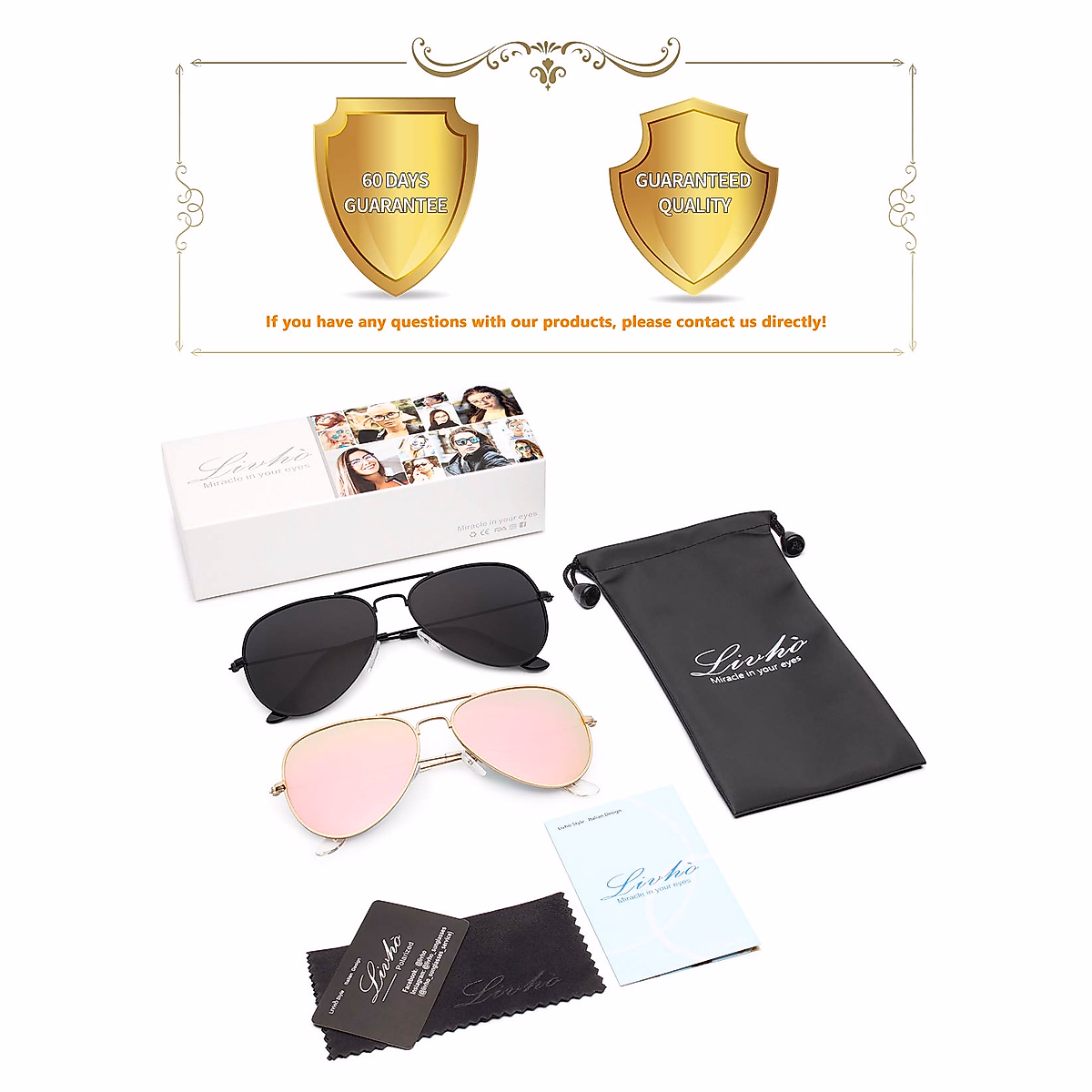 livho Sunglasses for Men Women Aviator Polarized Metal Mirror UV 400 Lens Protection (Rose Gold & Black)