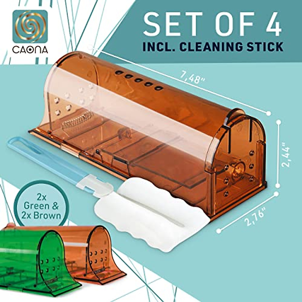 CAONA LLC Humane Mouse Trap - Set of 4 Humane Mouse Traps Indoor for Home [2X Green, 2X Brown] - Animal Friendly Live Mouse Trap -Mouse Traps - Set Includes a Cleaning Stick