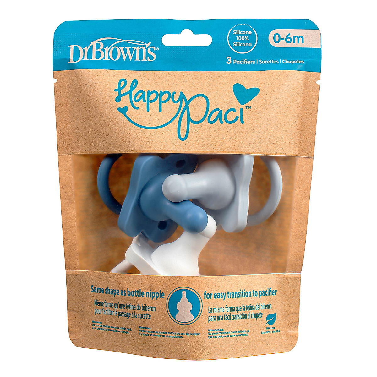 Dr. Brown's HappyPaci 100% Silicone Pacifier 0-6m, BPA Free, White, Blue, Light Blue, 3 Pack
