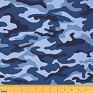 Boys Camouflage Upholstery Fabric,Kids Teens Camo Fabric by The Yard Army Campaign Militarily Style Decorative Fabric Blue Vintage Indoor Outdoor Fabric for Upholstery and Home Accents,5 Yards,Blue