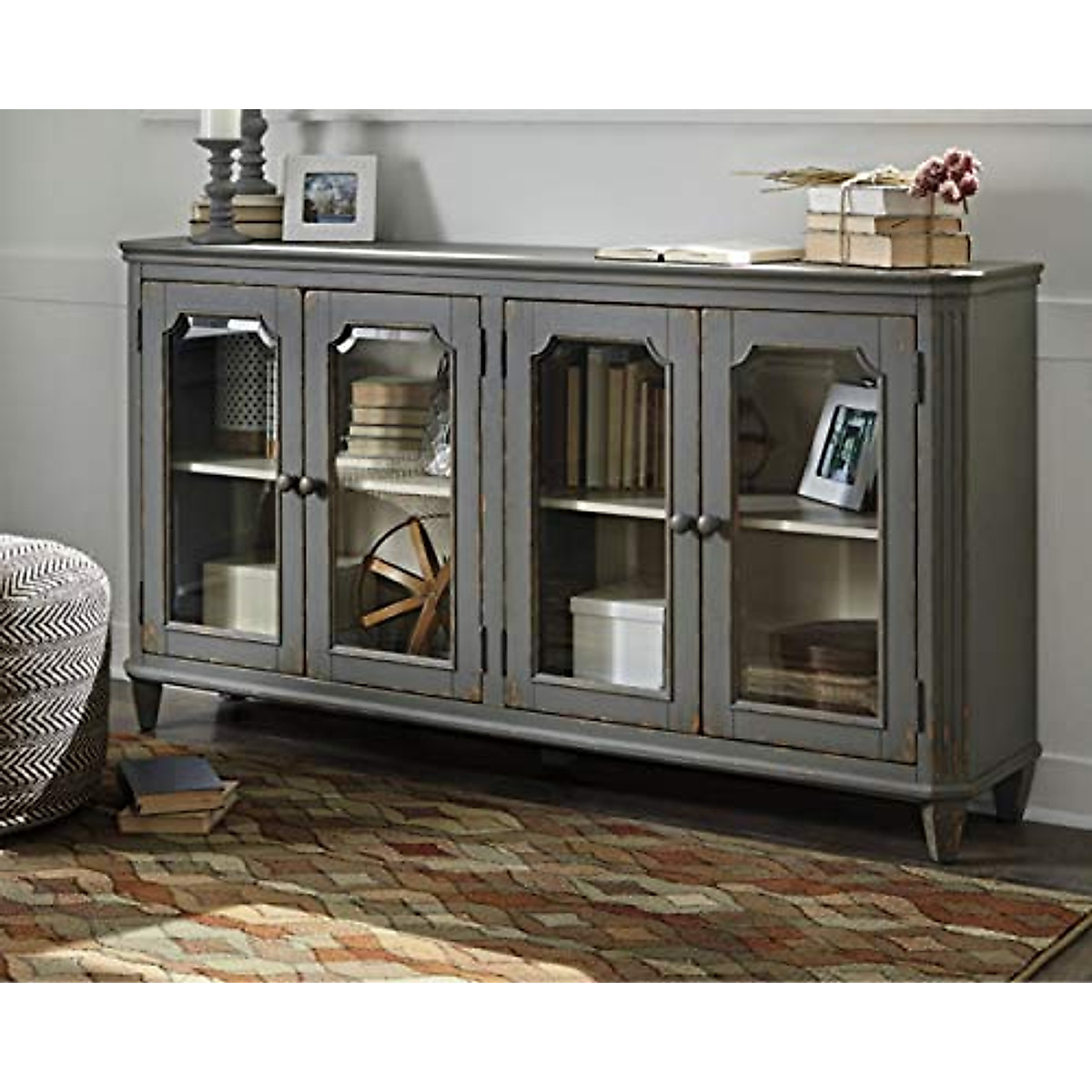Signature Design by Ashley Mirimyn Vintage 68" 4-Door Accent Cabinet with Mirrored Glass and 2 Adjustable Shelves, Gray