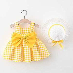 Camidy Infant Baby Girl Polka Dots Bowknot Dress Sleeveless Sundress with Straw Hat for 0-3Y