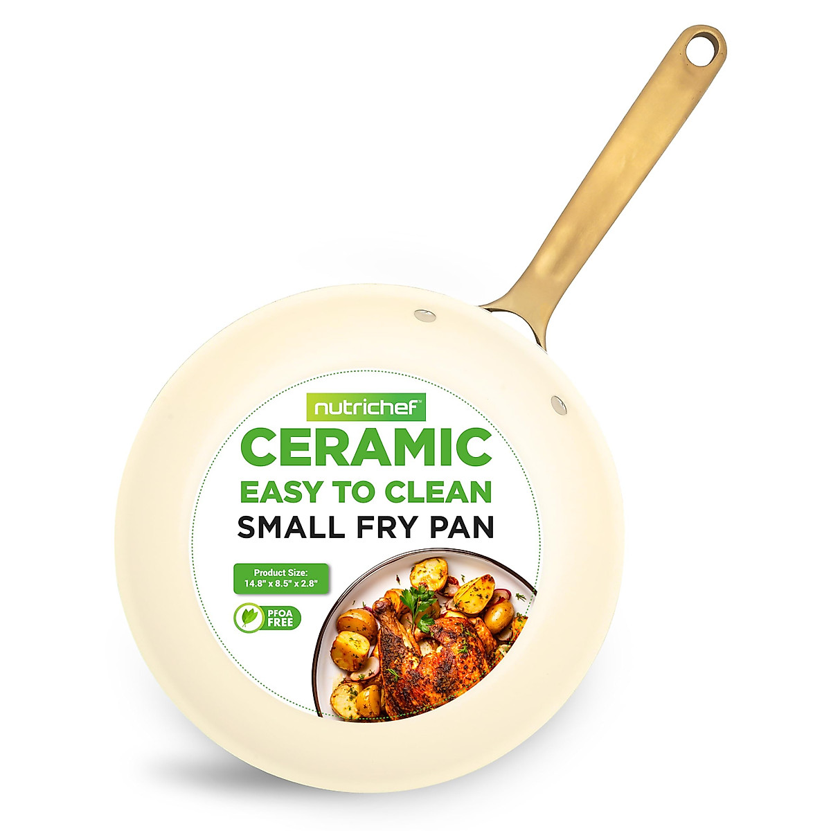 NutriChef 8-Inch Professional Ceramic Frying Pan - Small Skillet with Golden Titanium Handle, Non-Stick Ceramic Coating, Stain-Resistant, Easy to Clean, Ideal for Home Cooking