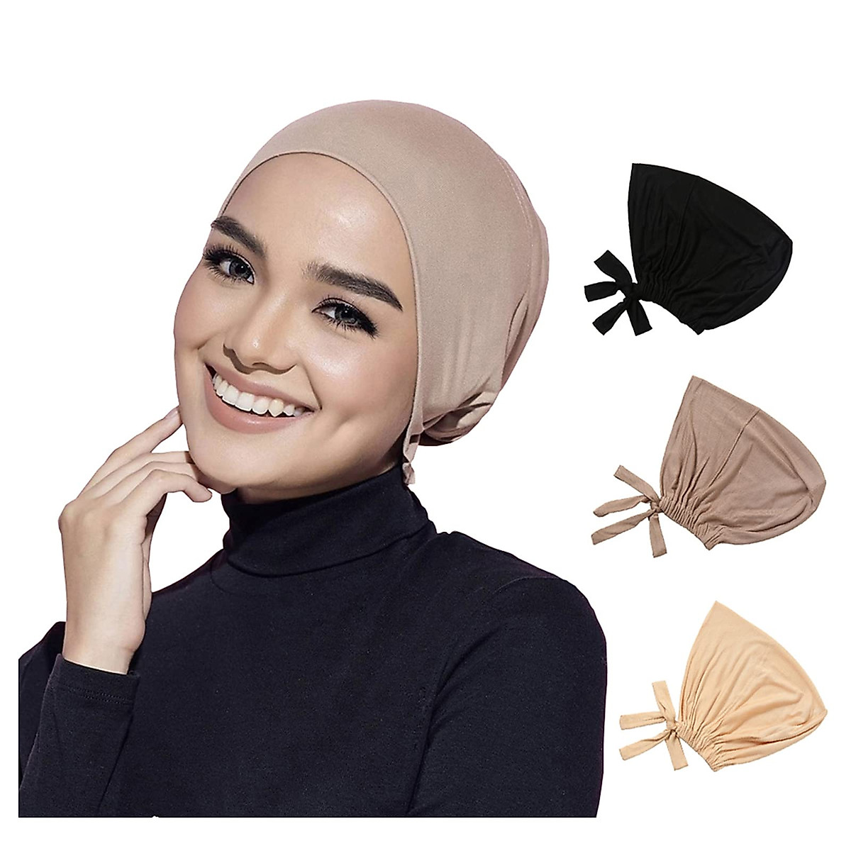 QYMY 3PCS Under Hijab Head Cap Muslim Under Scarf Hijab Cap Solid Color Women Under Scarf Hat Hijab Cap Stretchy Sleeping Cap (Black, Khaki, Beige(3PCS), Free Size)