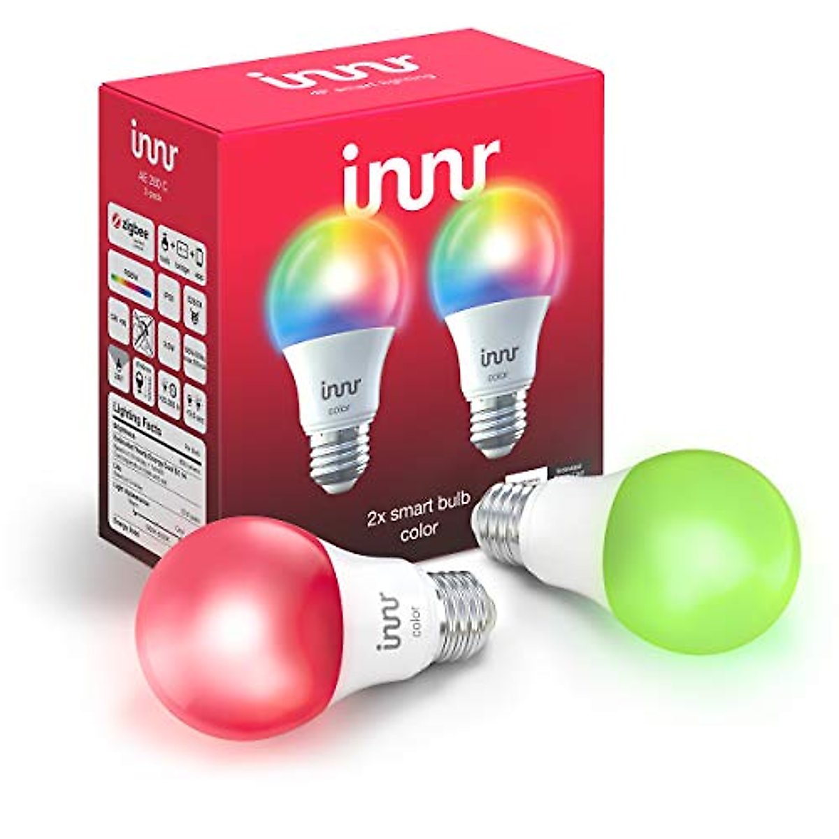 innr Color Smart Bulb A19, Works with Philips Hue, Alexa, Hey Google, SmartThings (Hub Required), Zigbee, Lights, Dimmable RGBW LED Light Bulbs A19 with E26 Base, 60W Equivalent, 2-Pack, AE 280 C-2