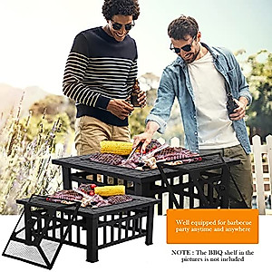 Outdoor Fire Pit 32 Inch Square Metal Firepit with Charcoal Rack& Spark Screen, Heavy Duty 3 in 1 Fireplace Backyard Patio Garden Stove for Camping, Outdoor Heating, Bonfire and Picnic