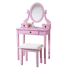Roundhill Furniture Moniys Moniya Pink Wood Makeup Vanity Table and Stool Set
