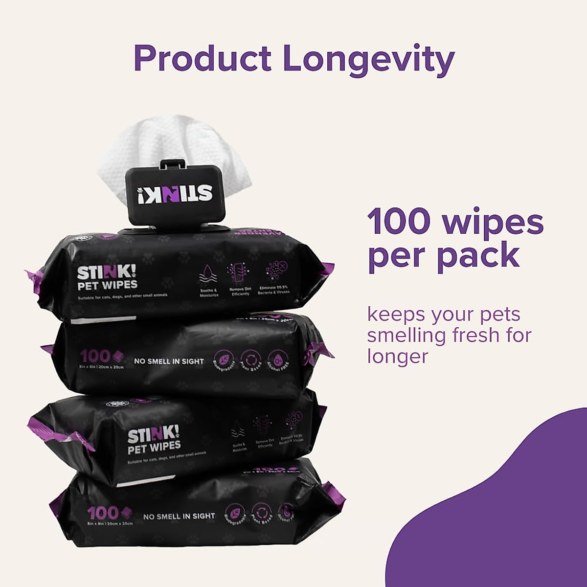 Stink! Plant Based Pet Wipes - Biodegradable - Dirt and Odor Control - Grooming Wipes for Easy Cleaning on Paws Body and Bum - Lavender Scented - 8" x 8" - 400 Count - Extra Thick Paw Wipes for Pets