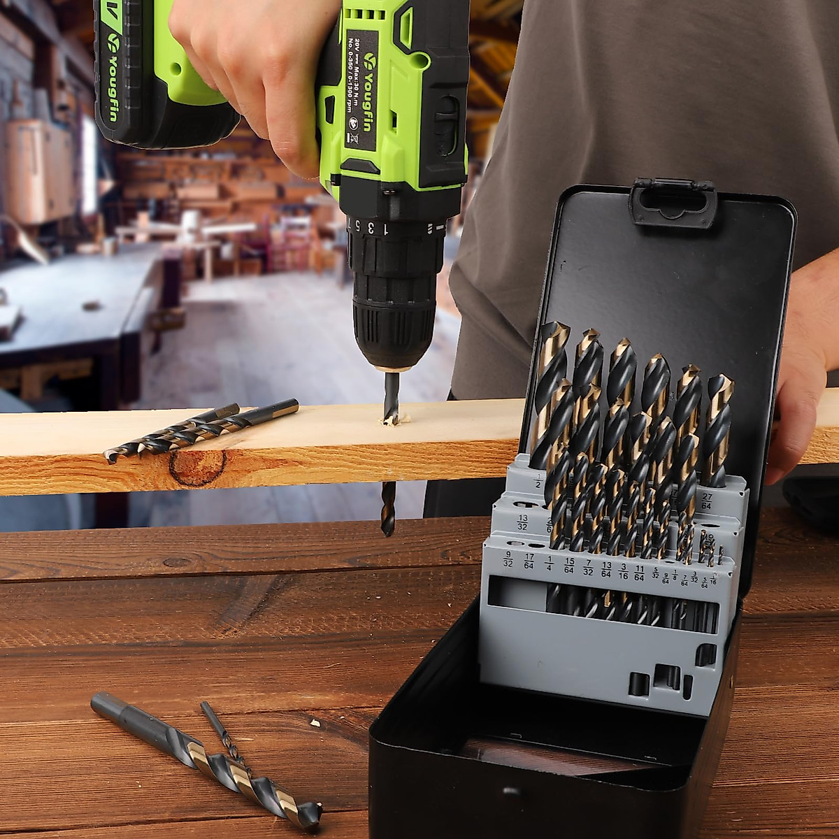 YOUGFIN Carbide Drill Bits - 29 Pieces High Speed Steel Drill Bit Set Twist Jobber Length for Hardened Metal, Stainless Steel, Cast Iron and Wood Plastic with Indexed Storage Case, 1/16 Inch-1/2 Inch