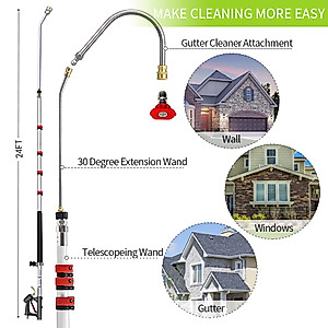 XUNCHI 24 Feet High Pressure Power Washer Telescoping Lance Extension Wand with 1/4 Inch Quick Connection, 5 Spray Nozzle Tips and Harness Belt, Pivoting Coupler, 2 Adapters, 4000 PSI Max Pressure