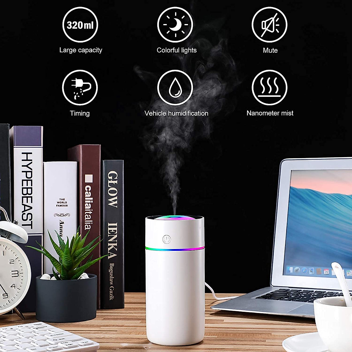 Mini Humidifier, Cool Mist Portable Mini USB Humidifier for Plants Car Baby Bedroom with Auto Shut-Off, Best Personal Humidifier (320ML-White)