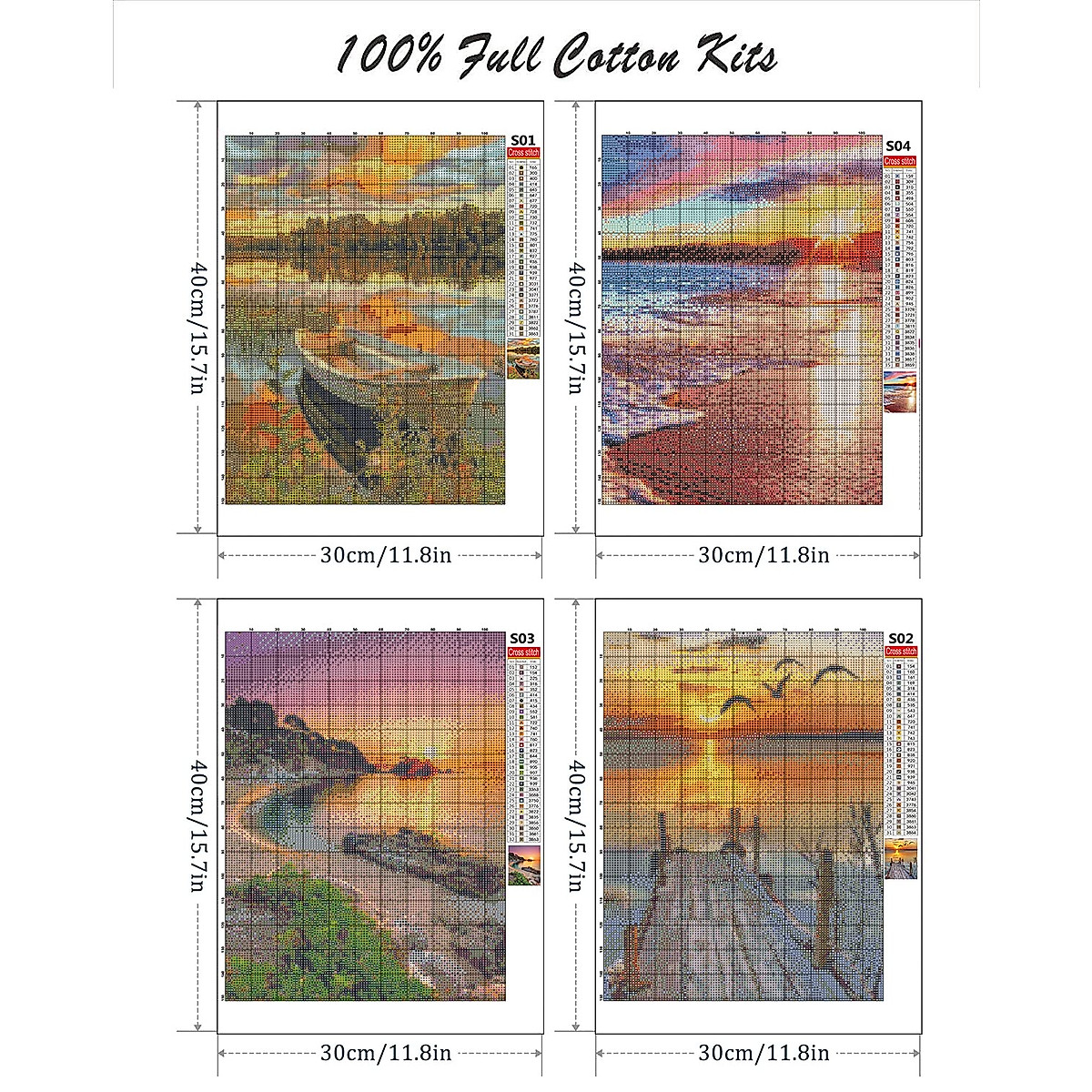 LWZAYS 4 Pack Cross Stitch Kits-Stamped Cross Stitch Kits for Adults Landscape Counted DIY Embroidery Needlepoint Kits Home Decor 12x16inch